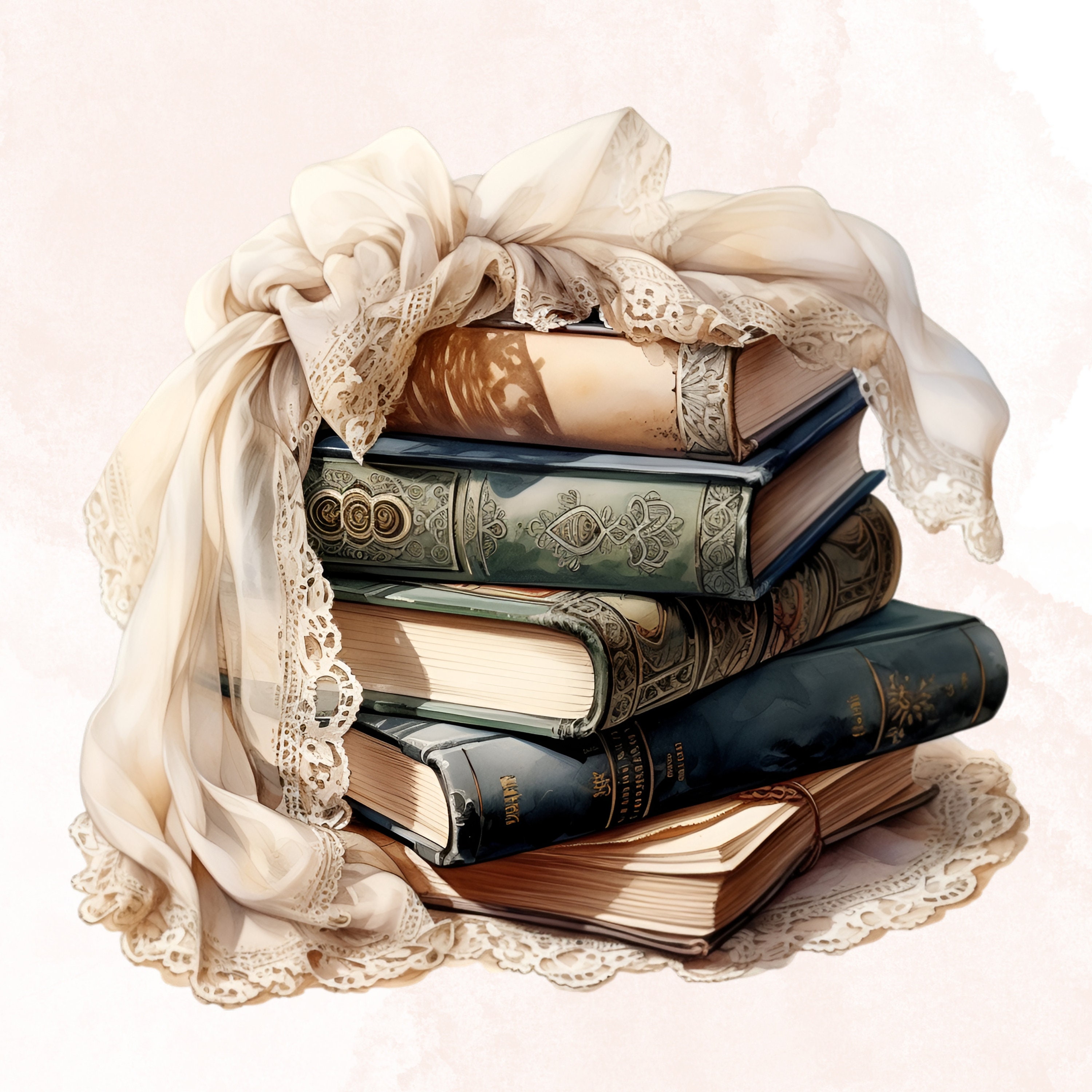 Stacked Books Clipart With Lace, Vintage Books Clipart, Bookworm ...