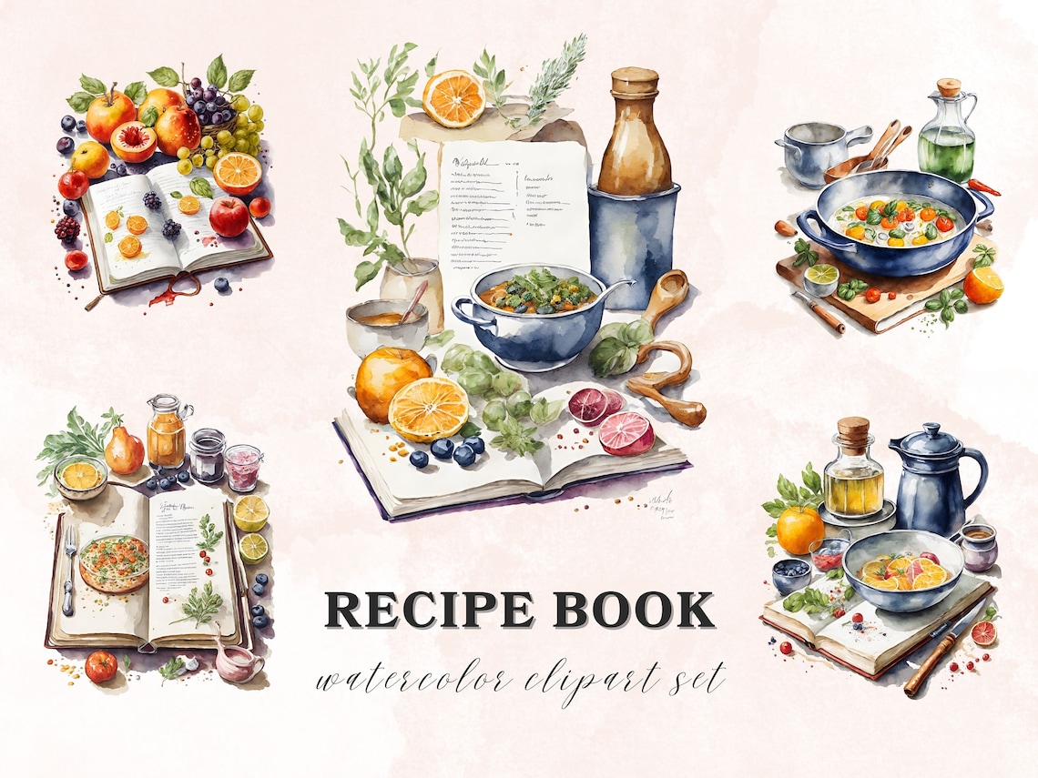 Watercolor Clipart Recipe Book, Cookbook PNG Clipart Collection ...