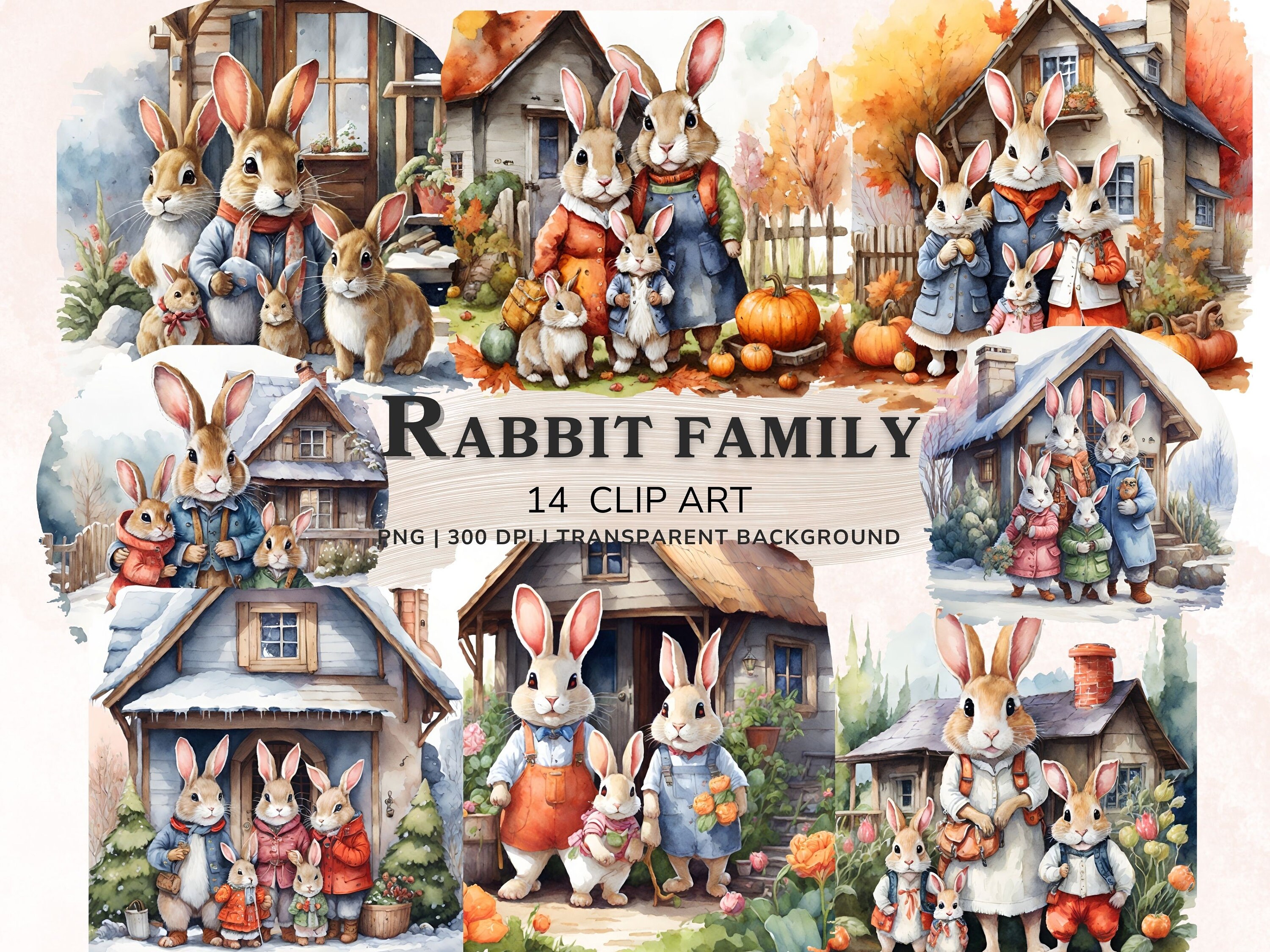 Cute Rabbits Clipart, Bunny Family Watercolor Clipart Bundle, 14 Png ...