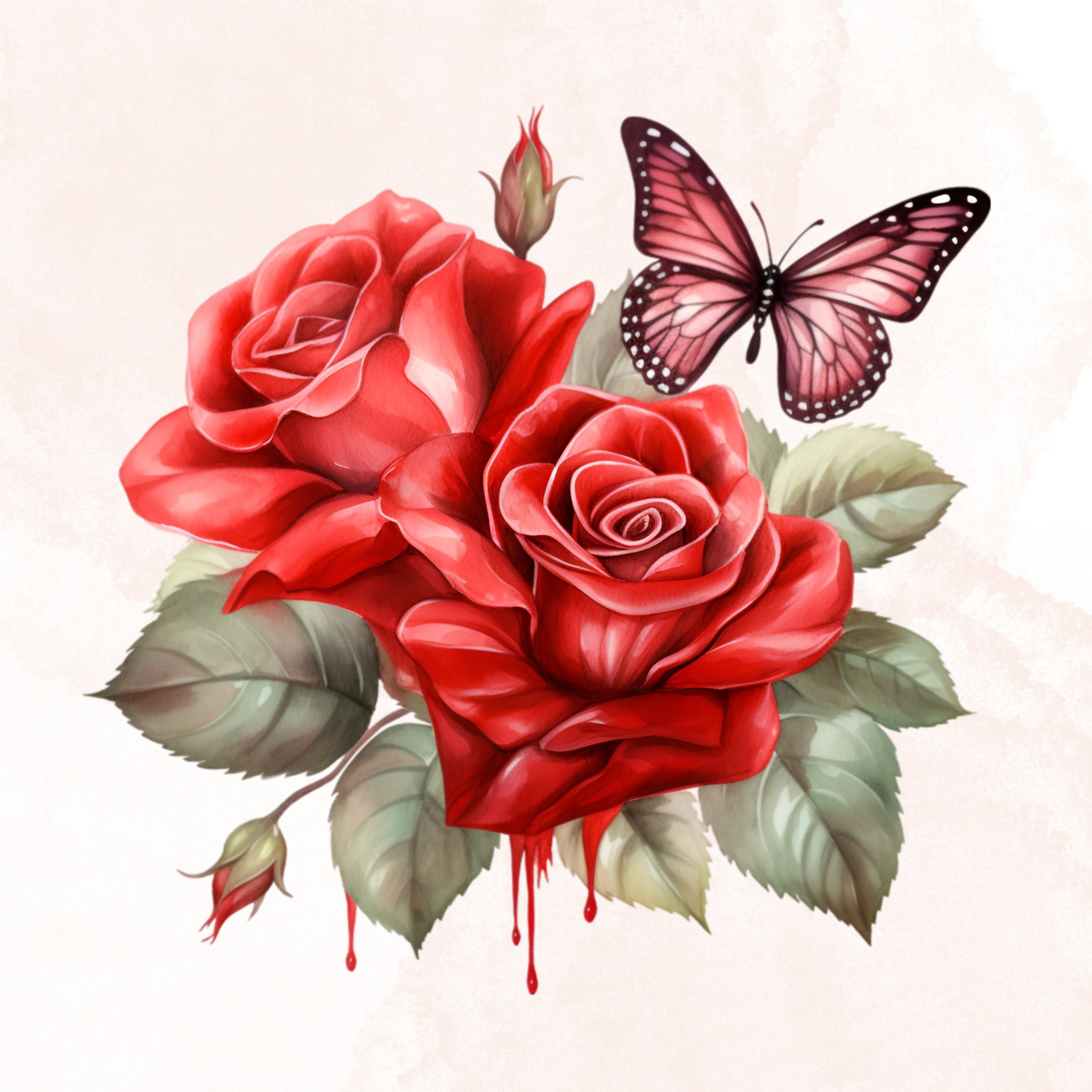 Red Roses and Butterfly Clipart, Rose Clipart, Flowers Png, Cottagecore ...
