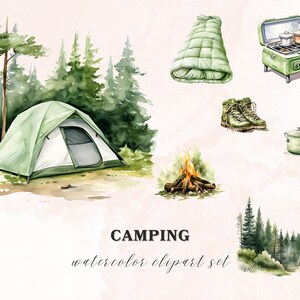 Watercolor Camping Clipart Bundle, Campfire Png Camping, Tent, Lantern ...