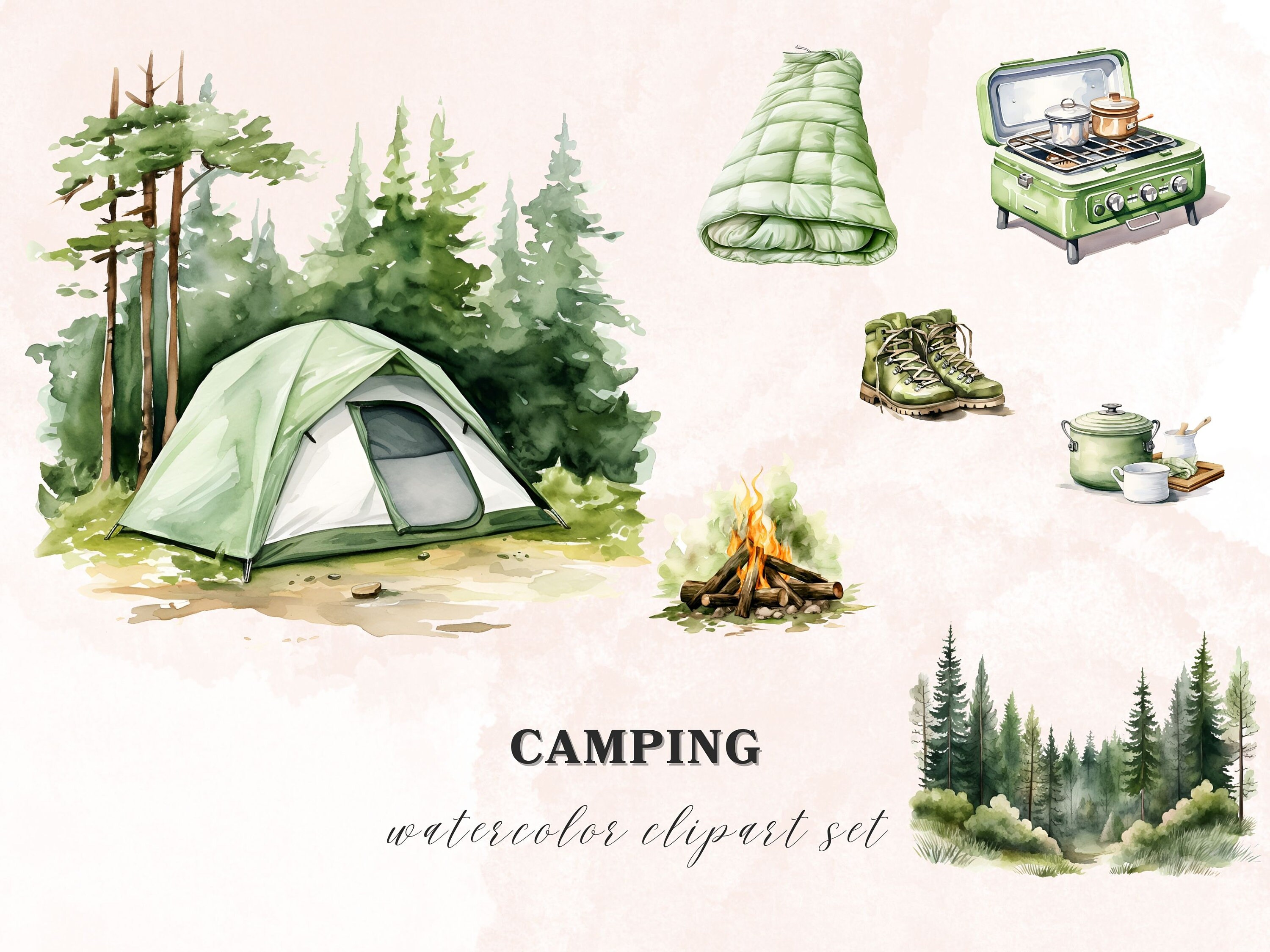 Watercolor Camping Clipart Bundle, Campfire Png Camping, Tent, Lantern ...