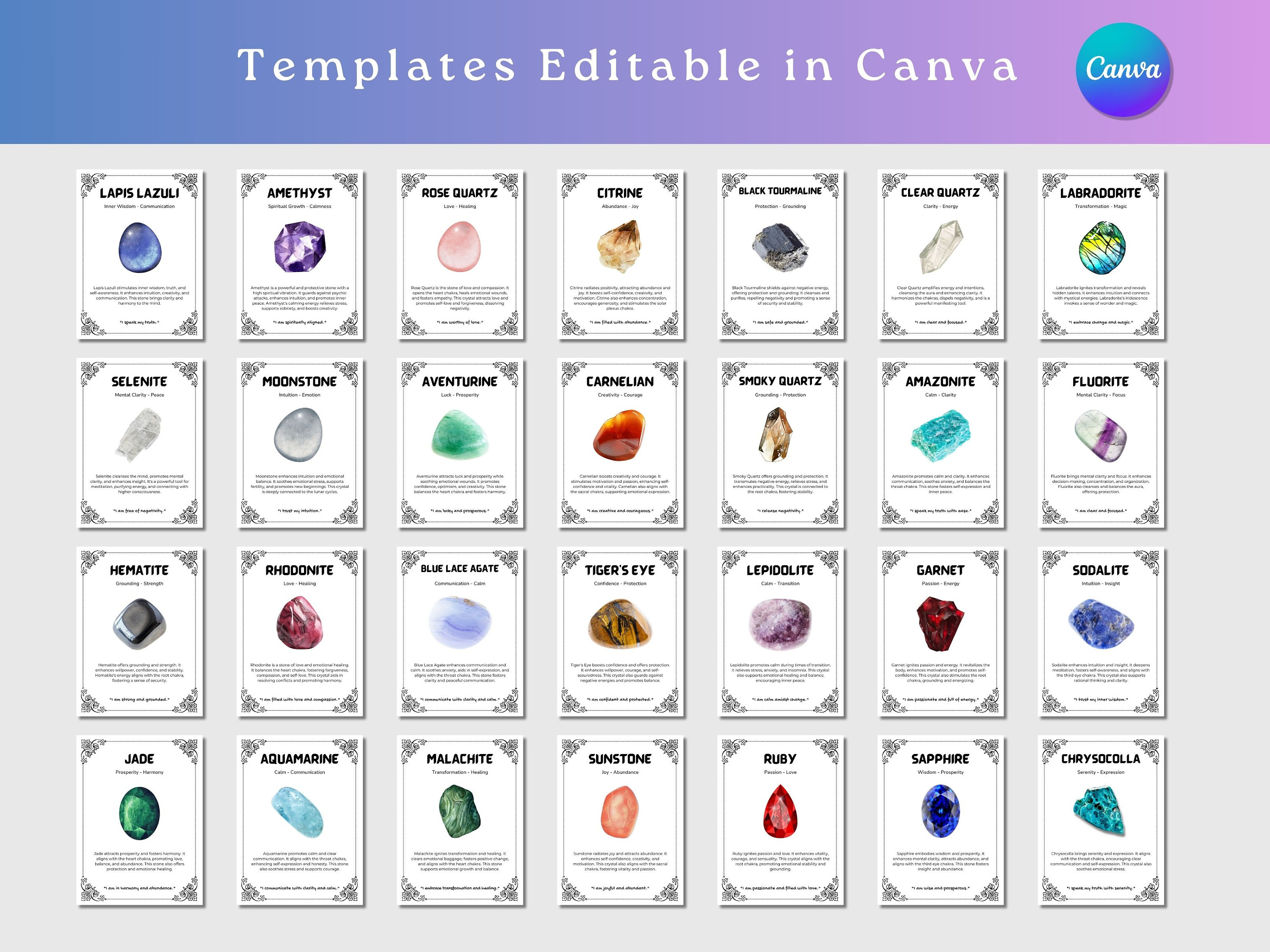 100 Editable Crystal Meaning Cards, Printable Gemstone Meaning Cards ...