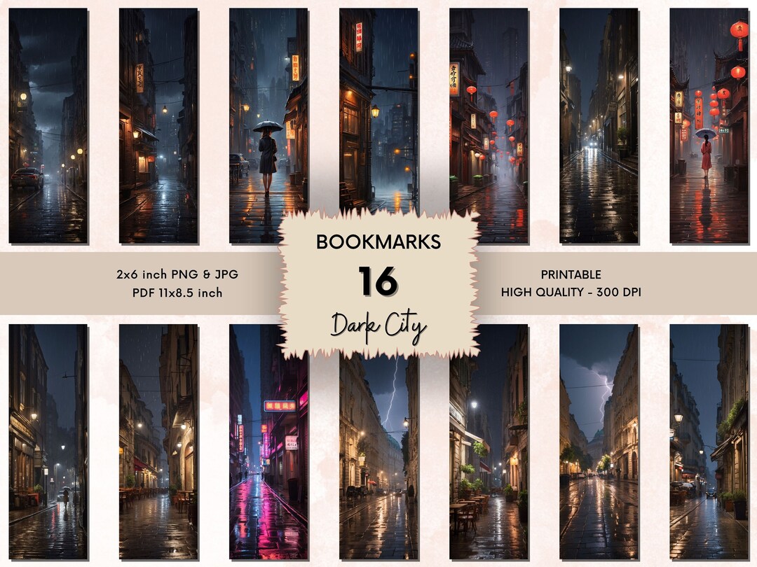 16 Dark City Printable Bookmarks, Bookmark Sheets, PNG Bookmark ...