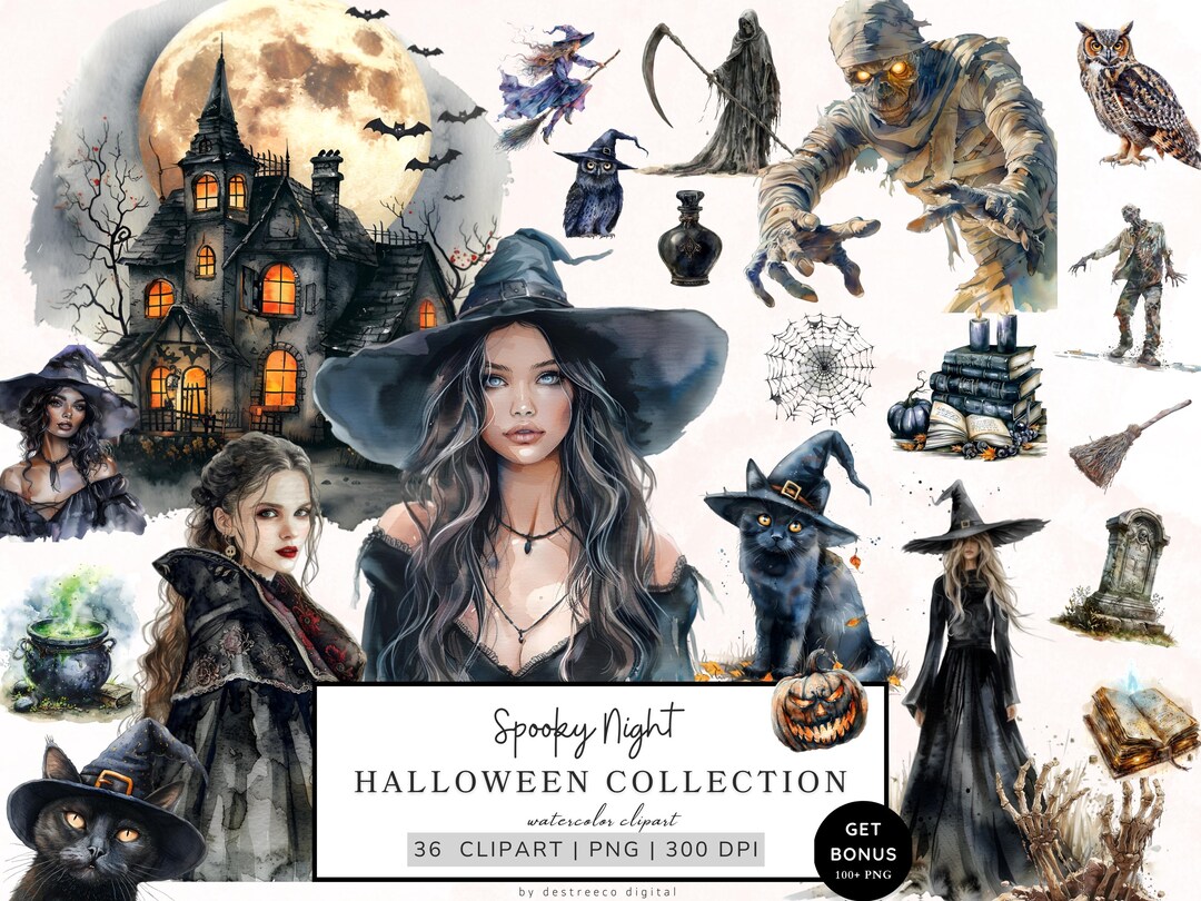 Watercolor Halloween Clipart, Spooky Night Png Bundle, Cute Fall ...