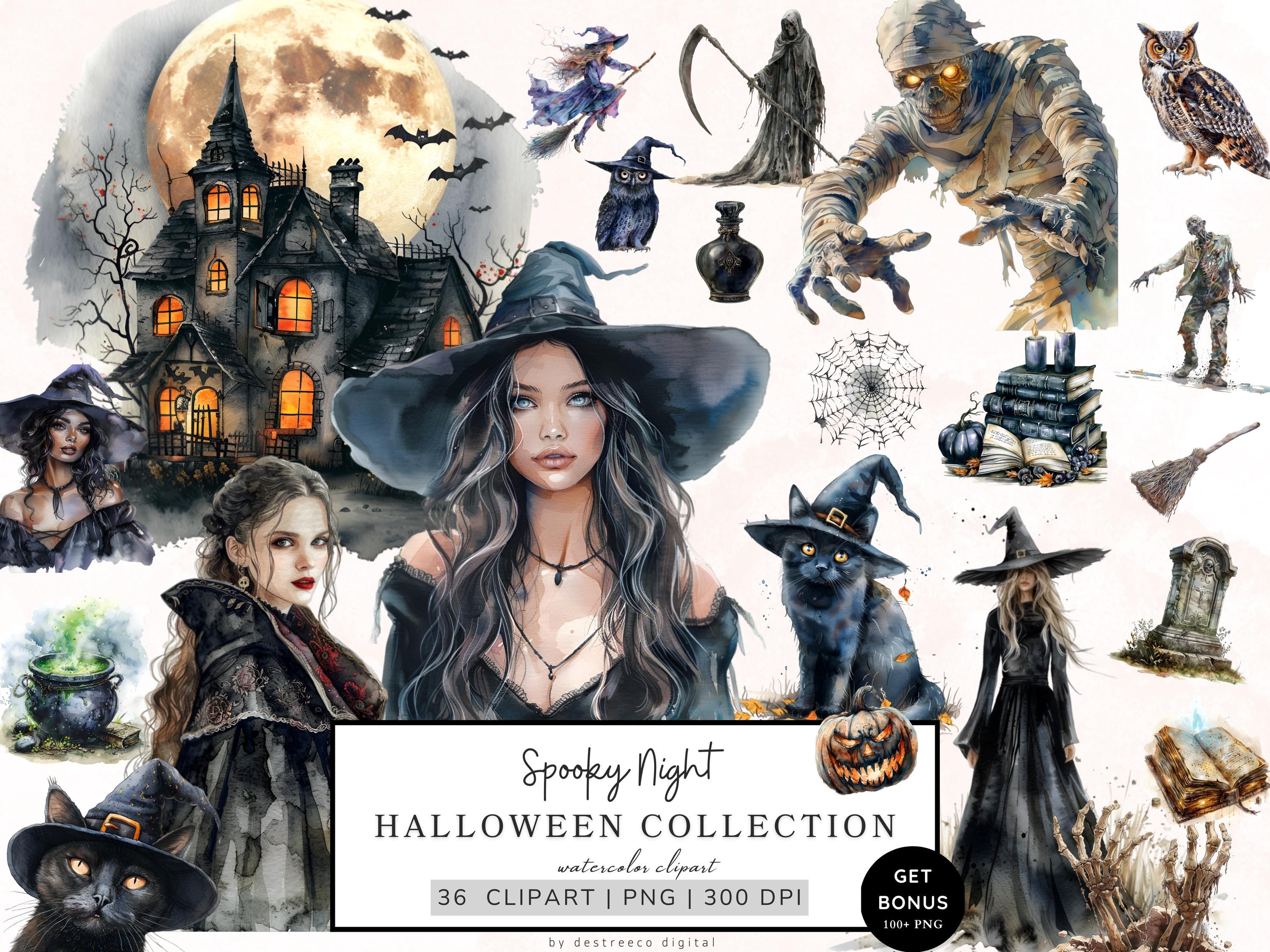 Watercolor Halloween Clipart, Spooky Night Png Bundle, Cute Fall ...