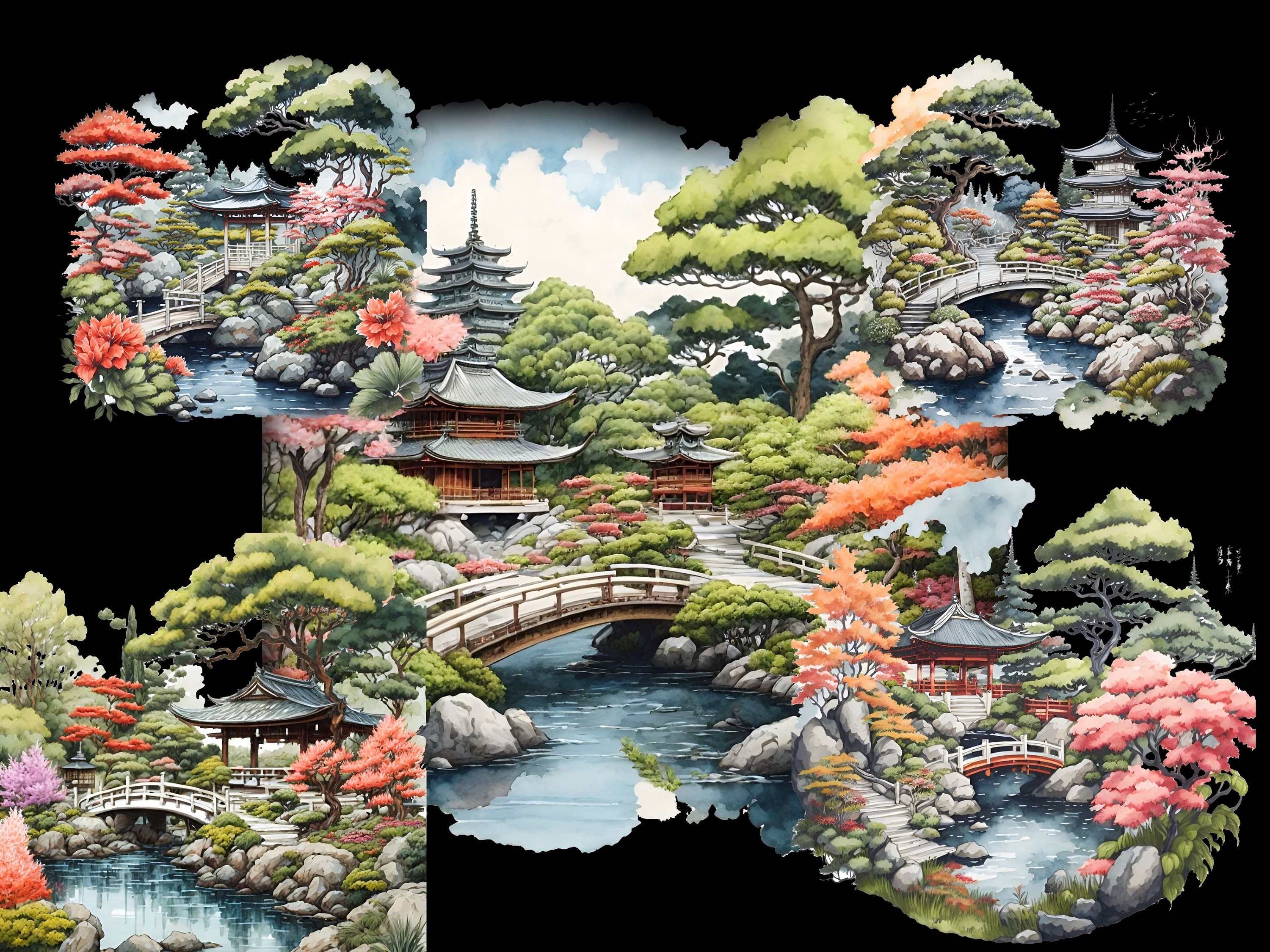Japan Garden Clipart, Watercolor Clipart Bundle, 16 PNG Asian Landscape ...
