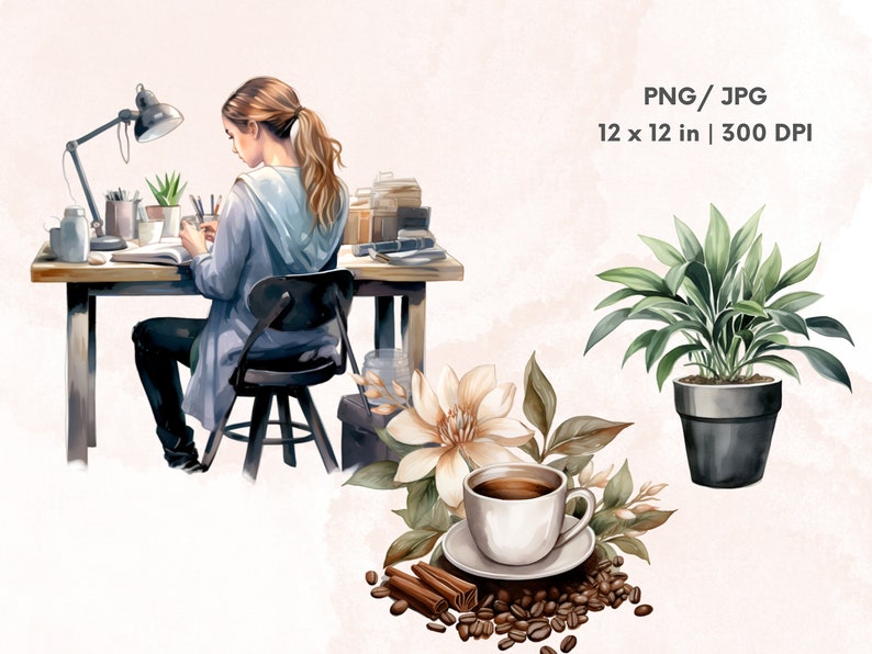 Watercolor Planner Girl Clipart, Black Planning Clipart Bundle, Coffee ...