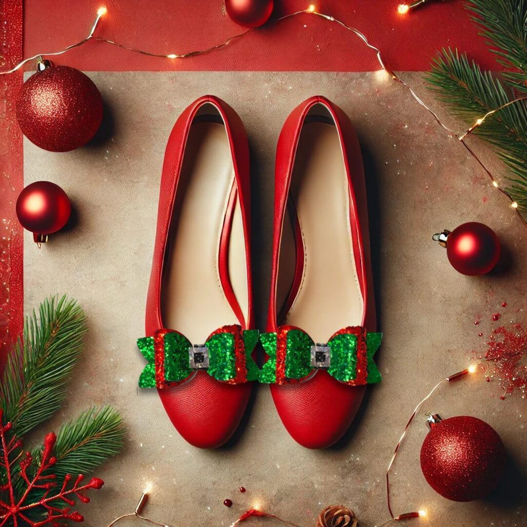 Clip on Sparkly Christmas Elf Shoe Bows - Etsy