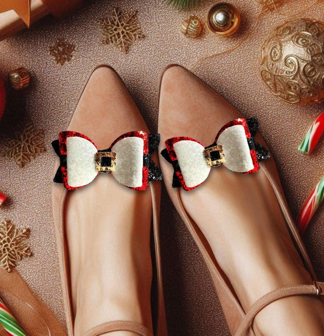 Clip on Sparkly Christmas Shoe Bows (holly/elf/santa/xmas Pudding ...