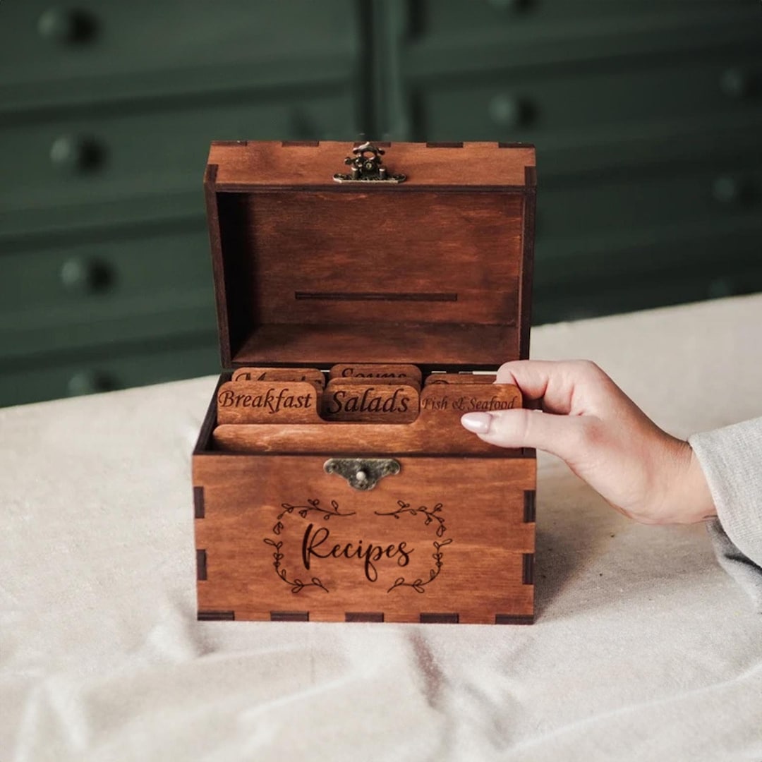 Wooden Recipe Box With Dividers, Recipe Box and Cards, Recipe Box ...