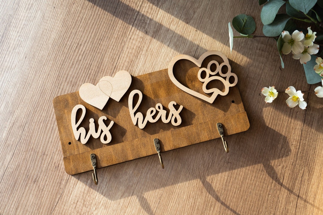His Hers Dog Key Holder, Wooden Dog Leash Hanger, Entryway Dog Key ...