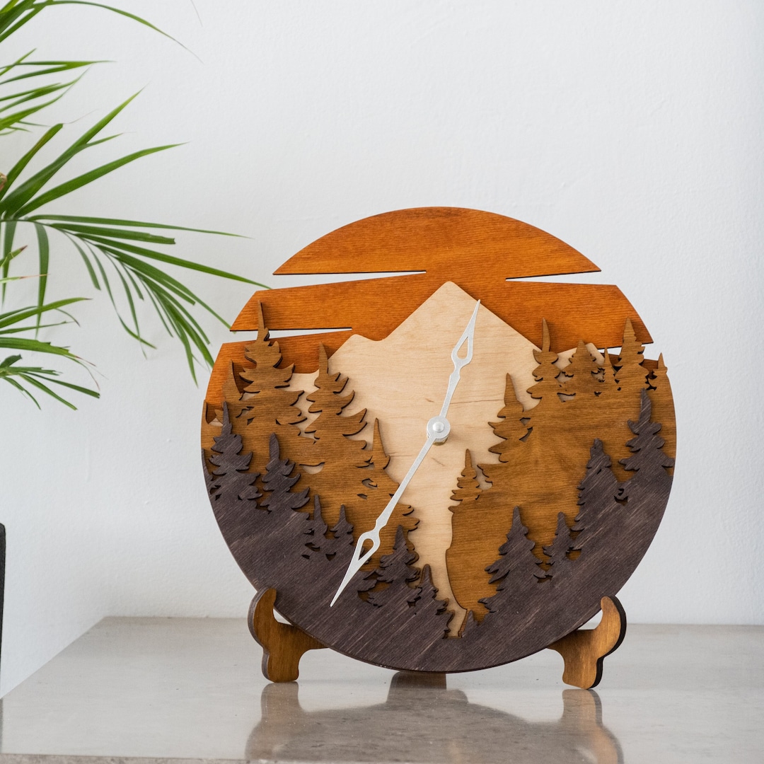 Mountain Wall Clock, Mountain Wood Wall Art, Forest Wood Clock, Wood ...