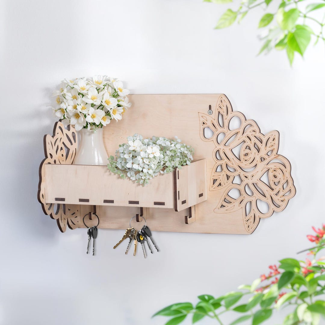 Wood Key Holder With Shelf, Wood Key Hook Shelf Letter, Key Holder and ...