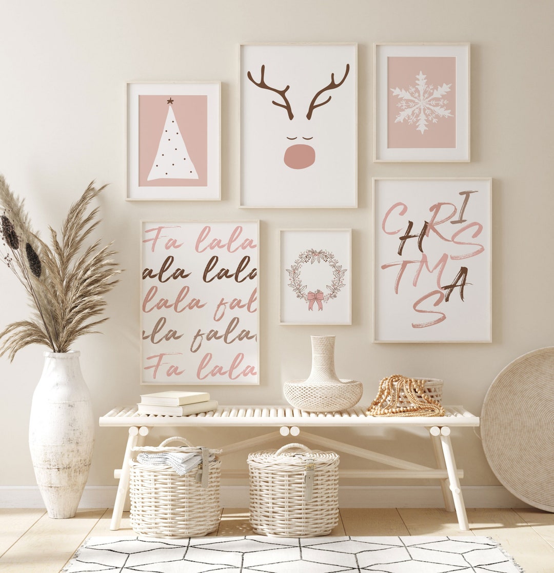 Pink Christmas Prints, Set of 10, Cozy Christmas Wall Decor, Christmas ...