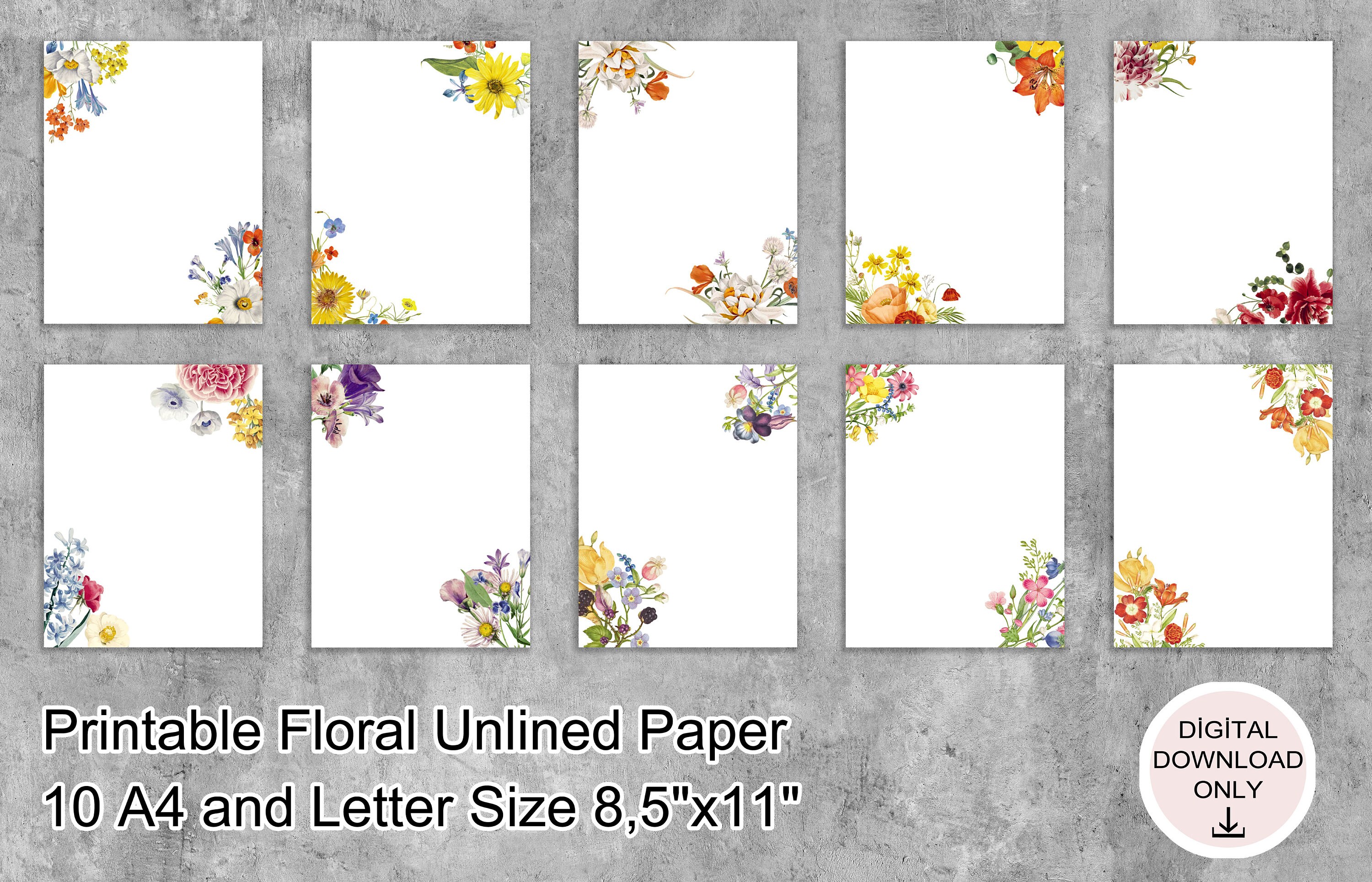 Printable Floral Stationery, 10 Floral Writing Paper, Digital Download ...