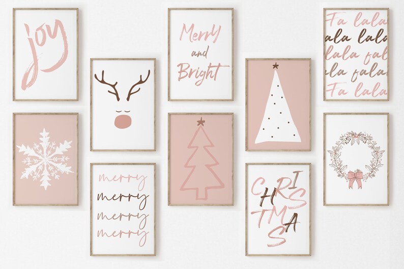 Pink Christmas Prints, Set of 10, Cozy Christmas Wall Decor, Christmas ...
