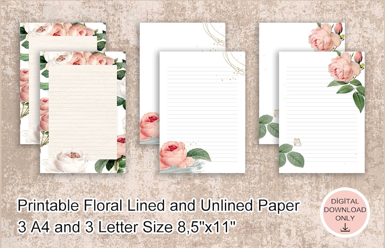 Printable Floral Stationery, 3 Floral Writing Paper, Digital Download ...