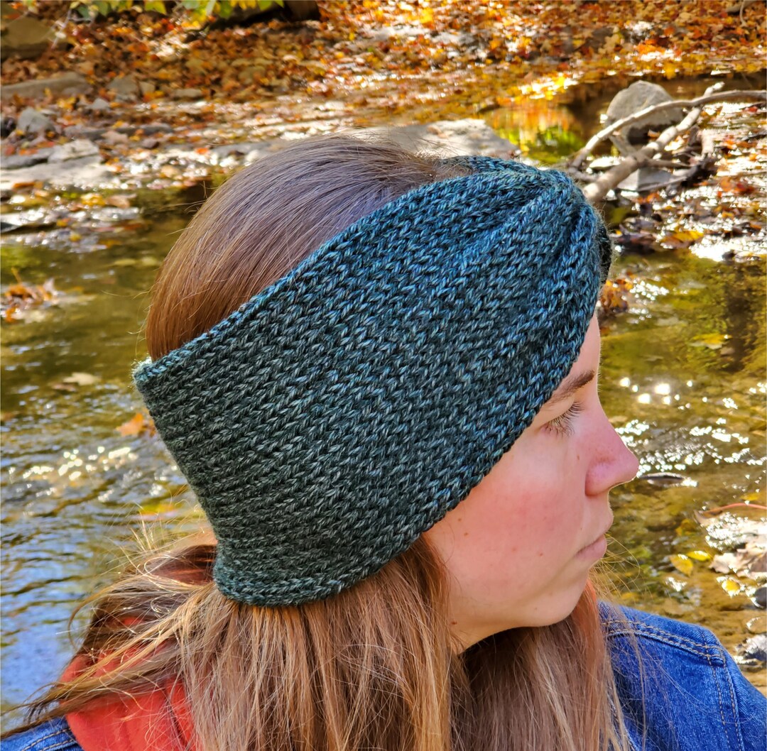 Forest Green Ear Warmers Headband, Cinched Knit Winter Headband, Double ...