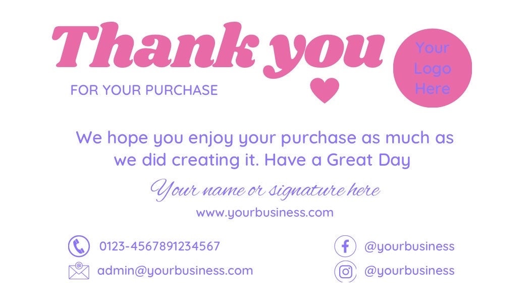 6 Editable Thank You Card Templates - "thank You for Your Purchase. We ...