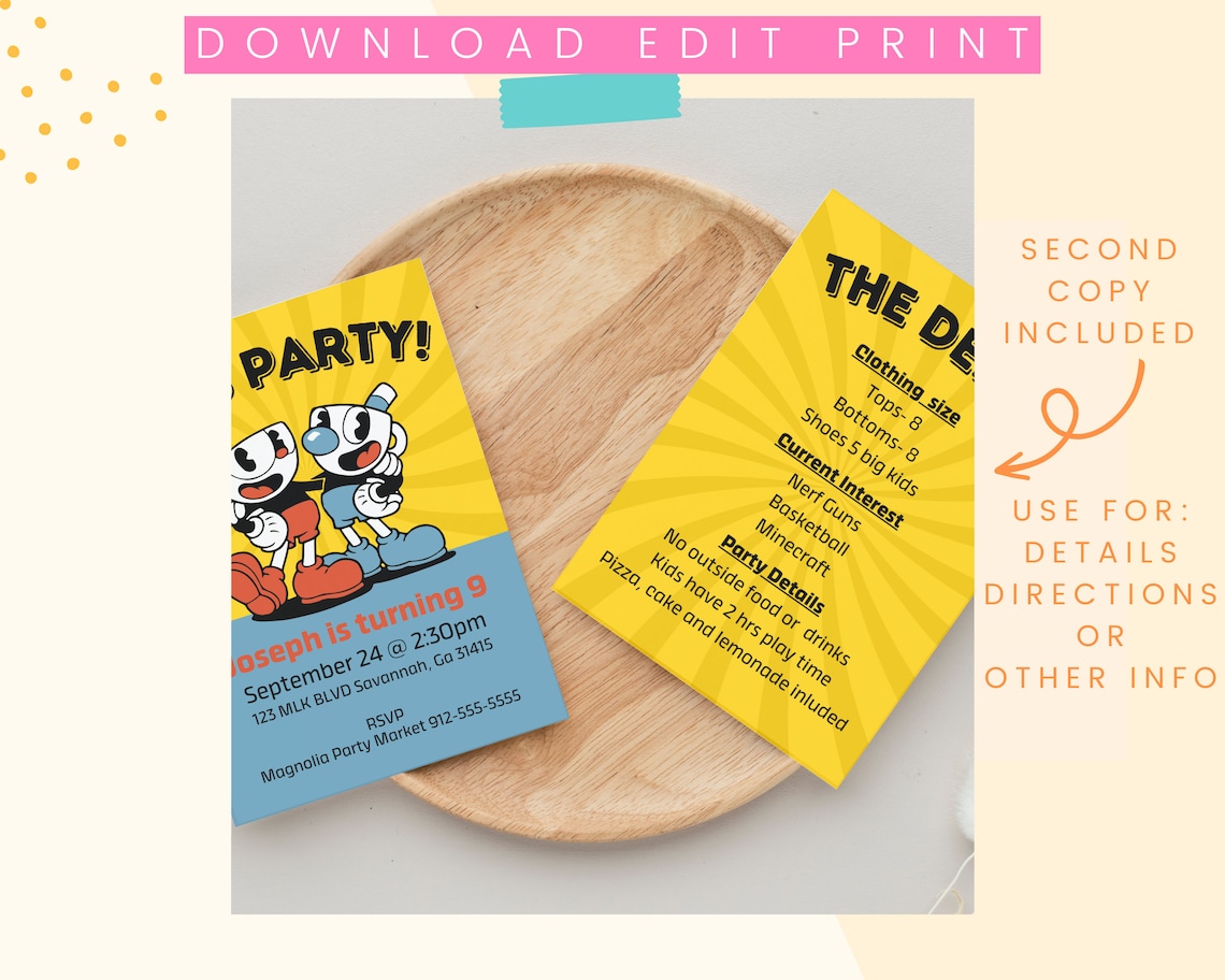 Cuphead Birthday Invitation, Cuphead Party Invite, Mugman Cartoon ...