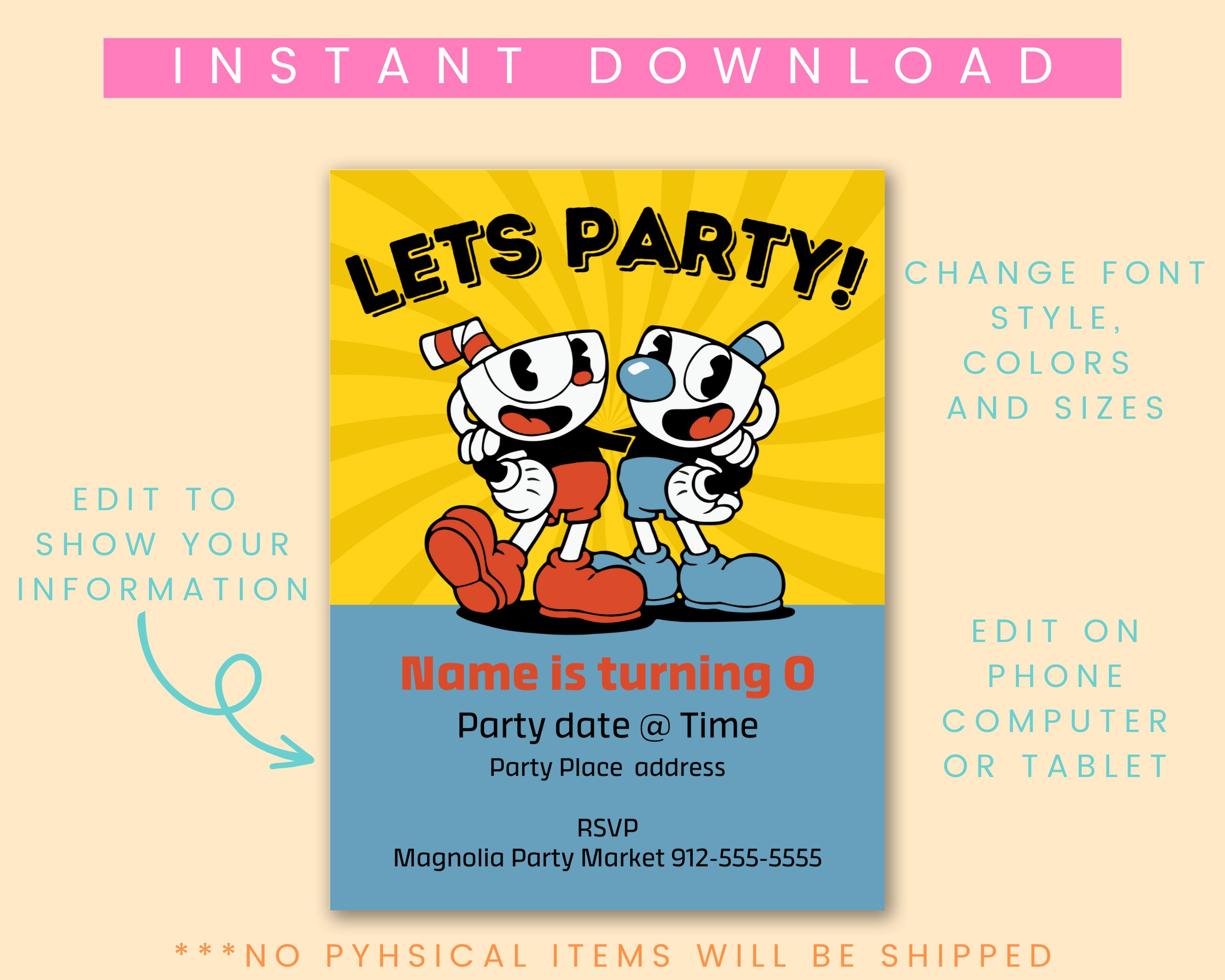 Cuphead Birthday Invitation, Cuphead Party Invite, Mugman Cartoon ...