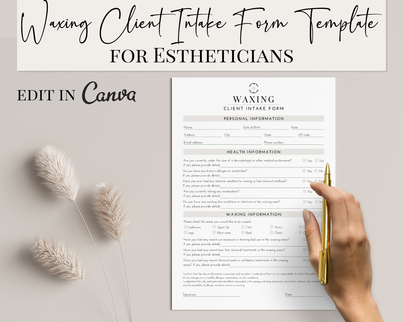 Editable Waxing Client Consultation Form Template for Estheticians ...