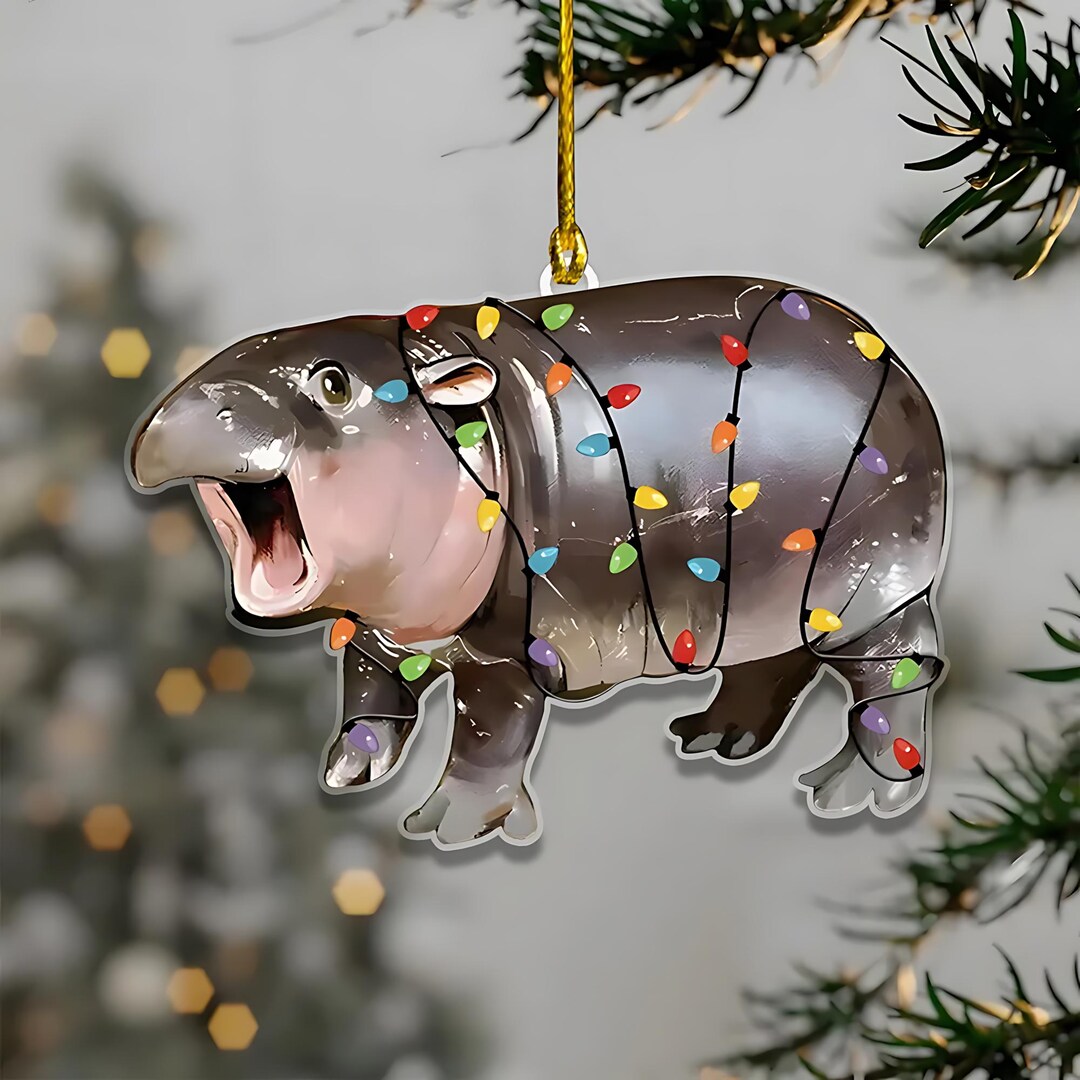 Moo Deng Ornament, Moo Deng Santa Hat Christmas Acrylic Ornament ...