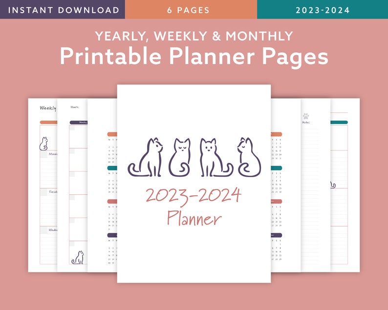 2023-2024 Yearly, Monthly & Weekly Planner, Cozy Cats, Printable ...