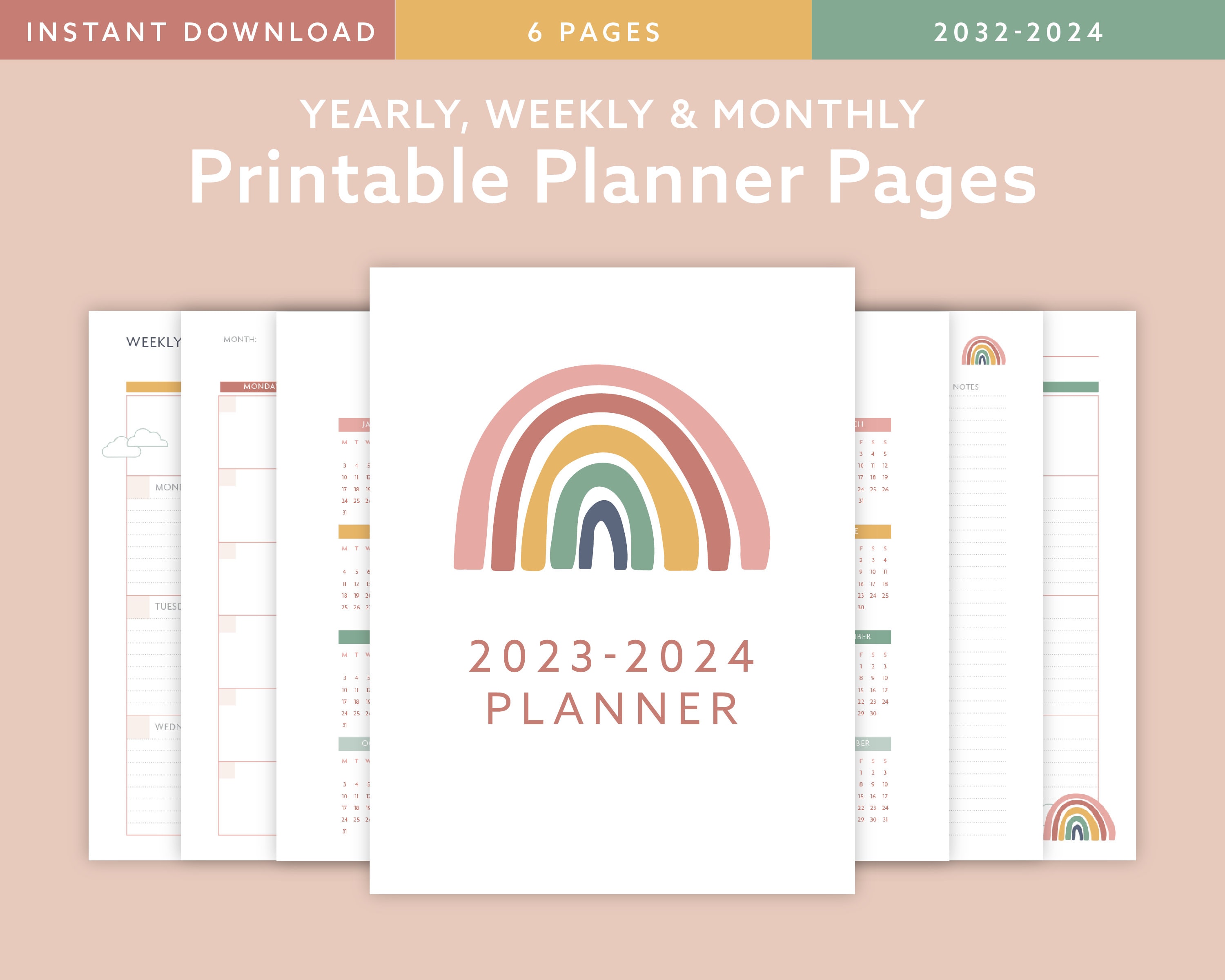 2023-2024 Yearly, Monthly & Weekly Planner, Millennial Rainbow ...