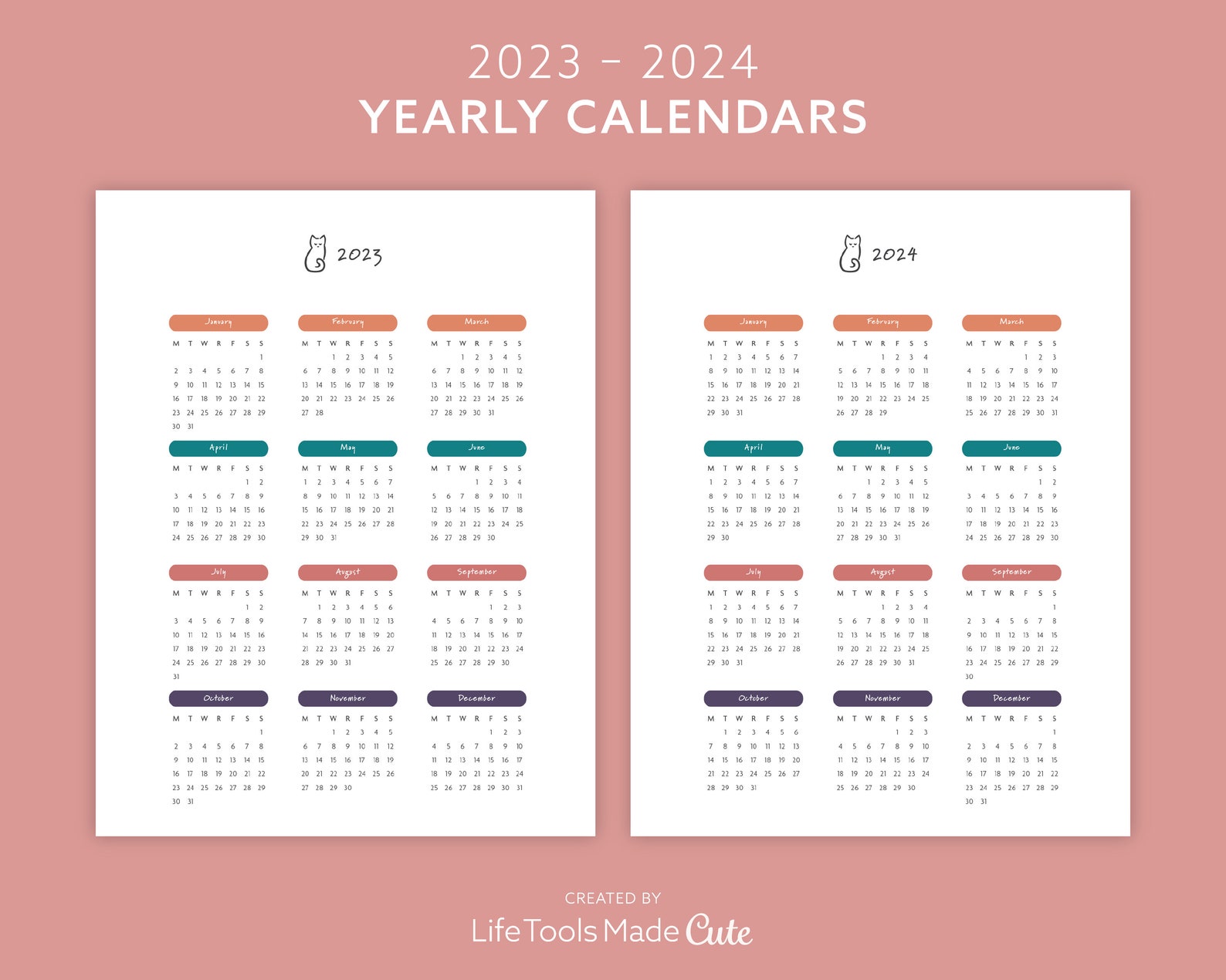 2023-2024 Yearly, Monthly & Weekly Planner, Cozy Cats, Printable ...