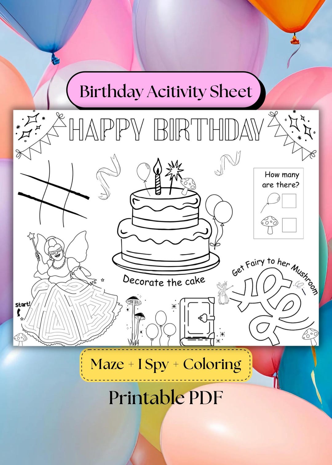 Fairy Birthday Party Activity Sheet- Magical Theme-children Coloring ...