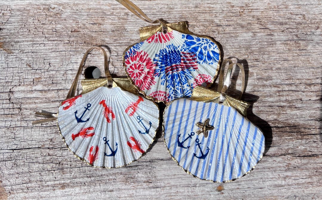 Seashell Patriotic Decor, 4th of July Coastal Ornaments With American ...