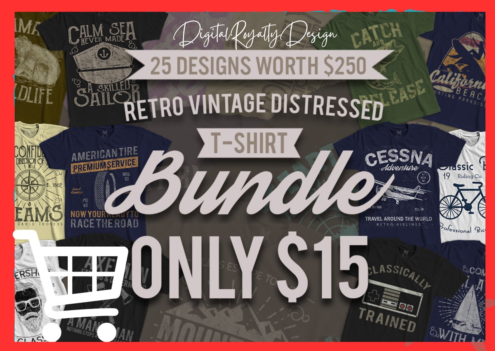 Set of 25 Retro Vintage Distressed T-shirt Designs With Mock-up Samples ...