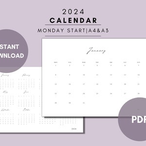 Printable 2024 Calendar Landscape Minimalist Monthly - Etsy