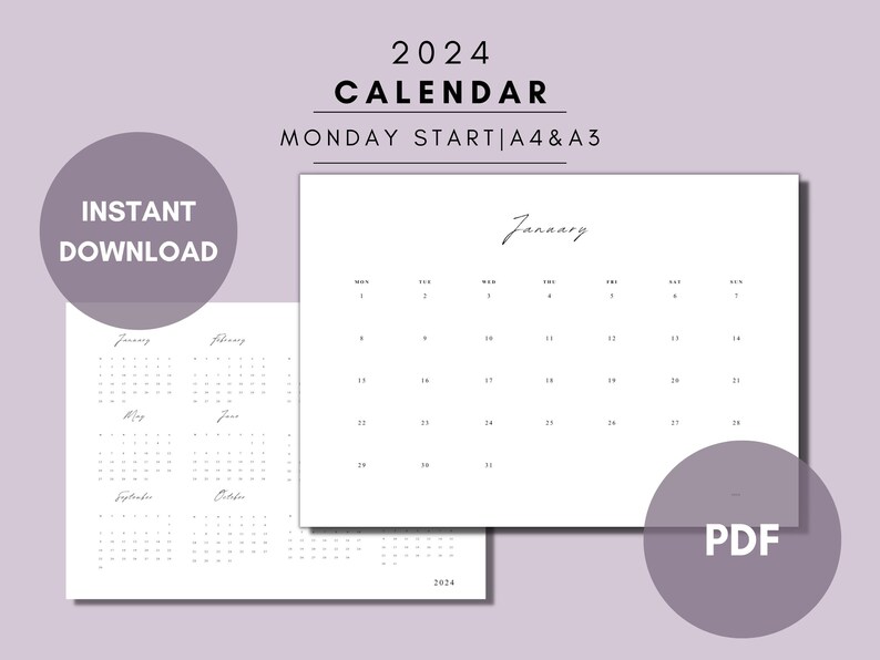 Printable 2024 Calendar Landscape Minimalist Monthly - Etsy