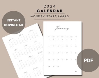 Simple Black and White 2024 Printable Calendar Instant - Etsy
