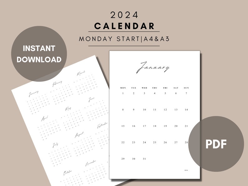 Printable 2024 Calendar, Portrait, Minimalist Monthly Calendar, Yearly ...