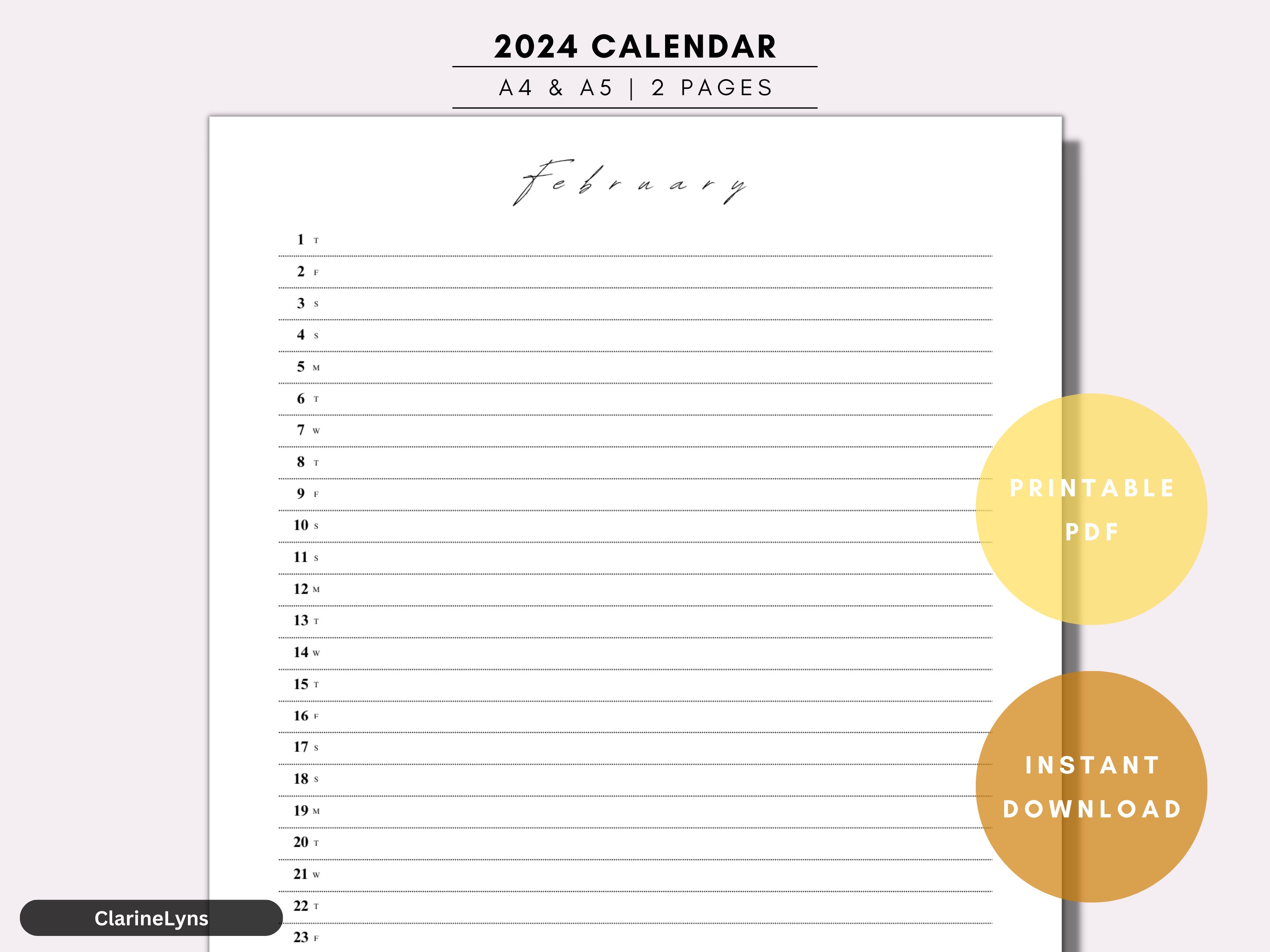 Printable 2024 Calendar Minimal Wall Calendar Note Style - Etsy Ireland