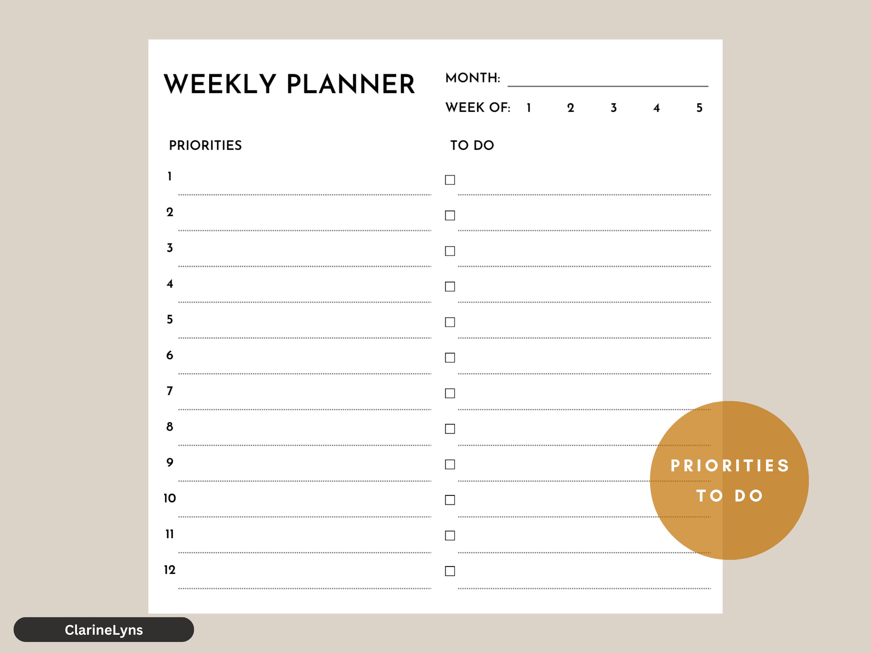 Printable Weekly Planner to Do List Priorities List Minimalist Undated ...
