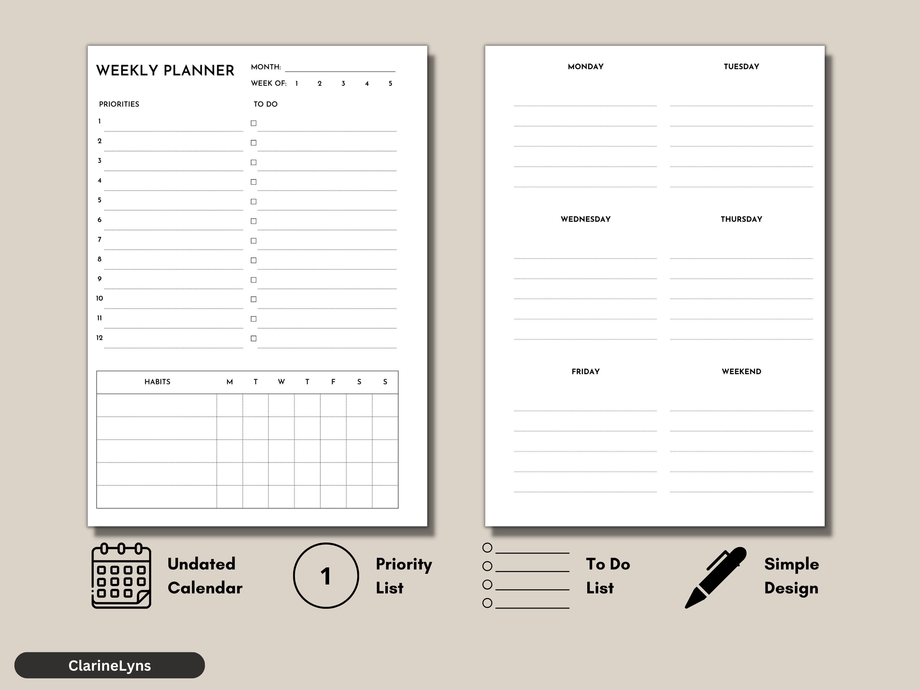 Printable Weekly Planner to Do List Priorities List Minimalist Undated ...
