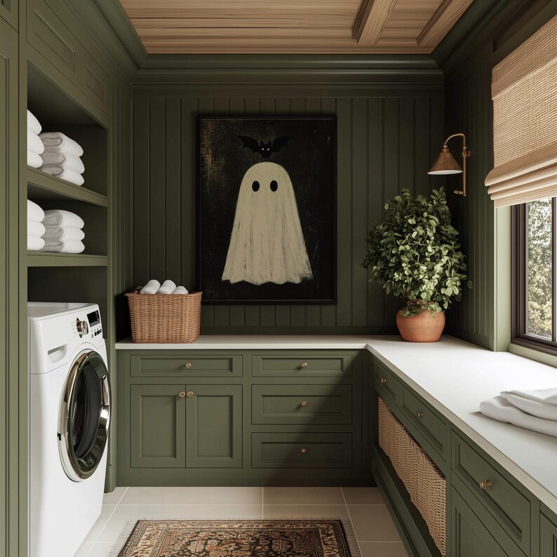 Minimalist Ghost Bat Halloween Print: Vintage Spooky Decor (digital ...
