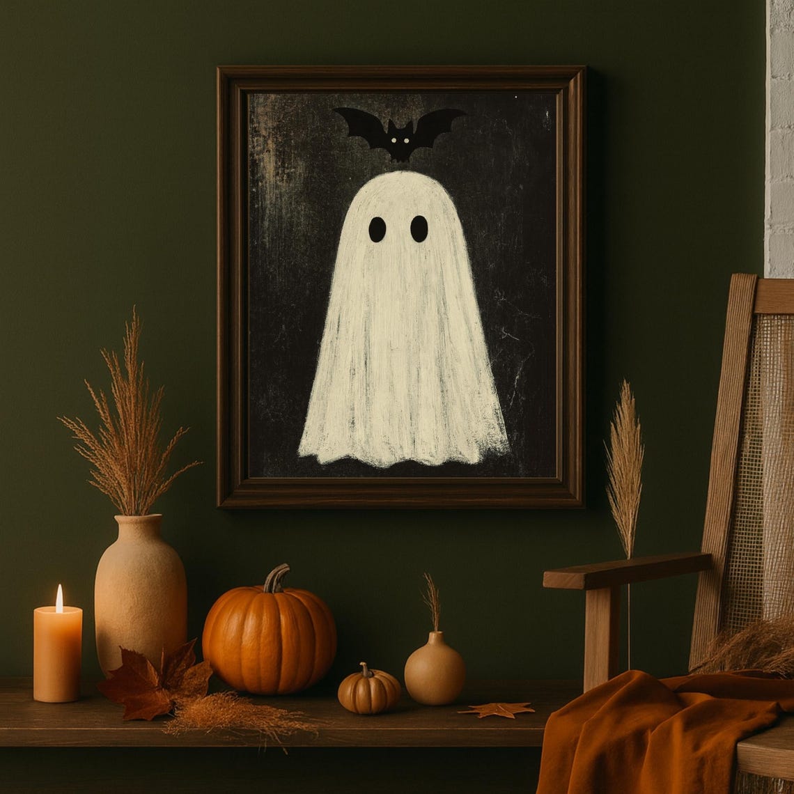 Minimalist Ghost Bat Halloween Print: Vintage Spooky Decor (digital ...
