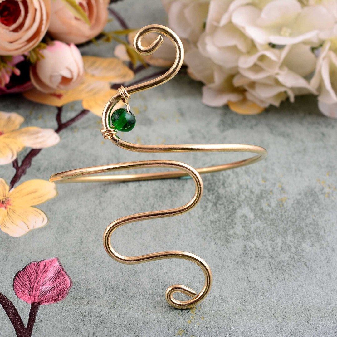 Brass Upper Arm Cuff: Gold Arm Band With Green Bead - Etsy