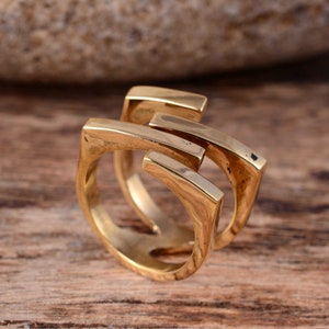 Gold Bar Ring, Thick 4 Line Ring, Flat Bar Ring, Geometric Statement ...