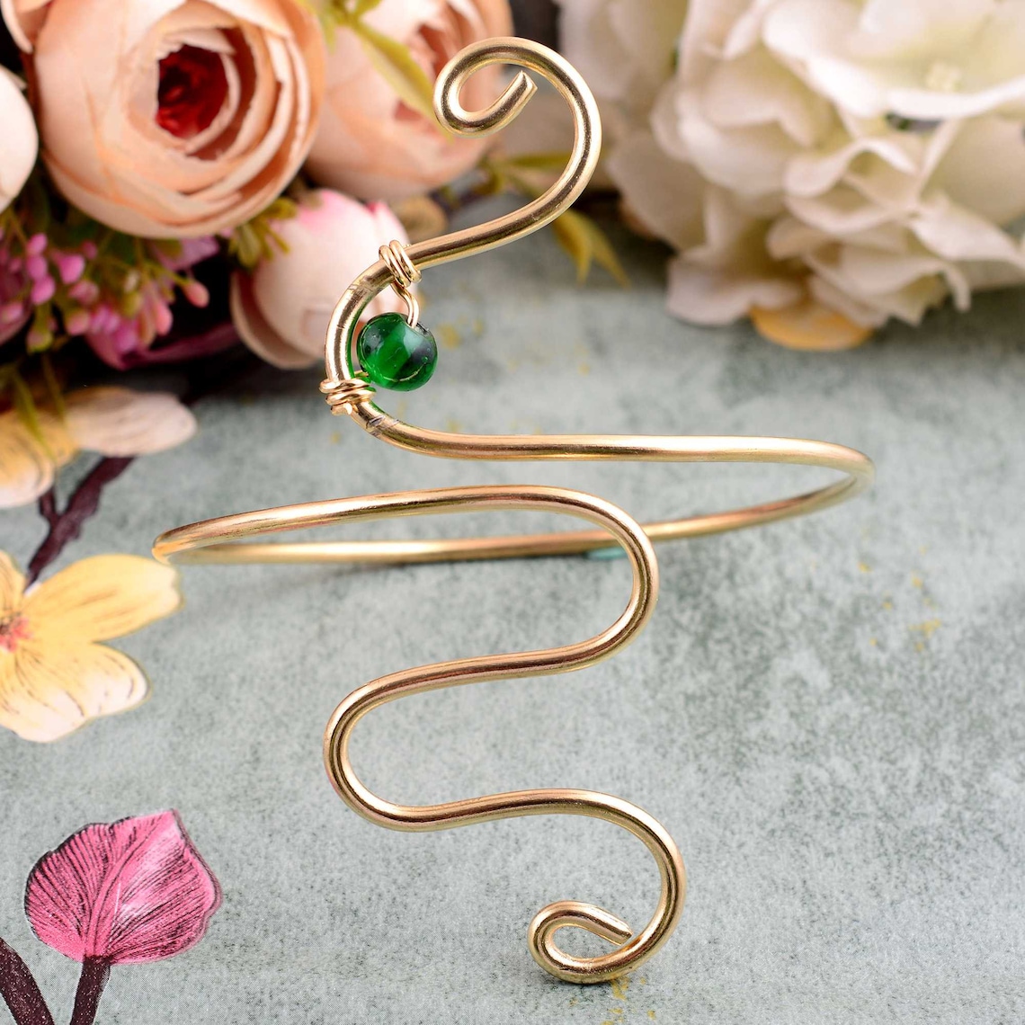 Brass Upper Arm Cuff: Gold Arm Band With Green Bead - Etsy Canada