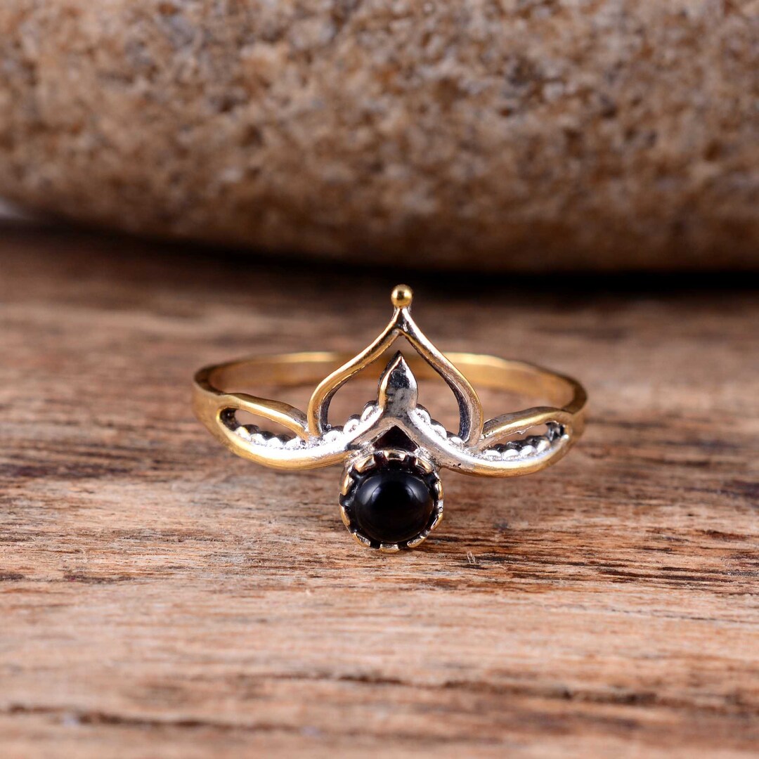 Black Obsidian Crown Ring, Gemstone Ring, Brass Ring, Handmade Ring ...