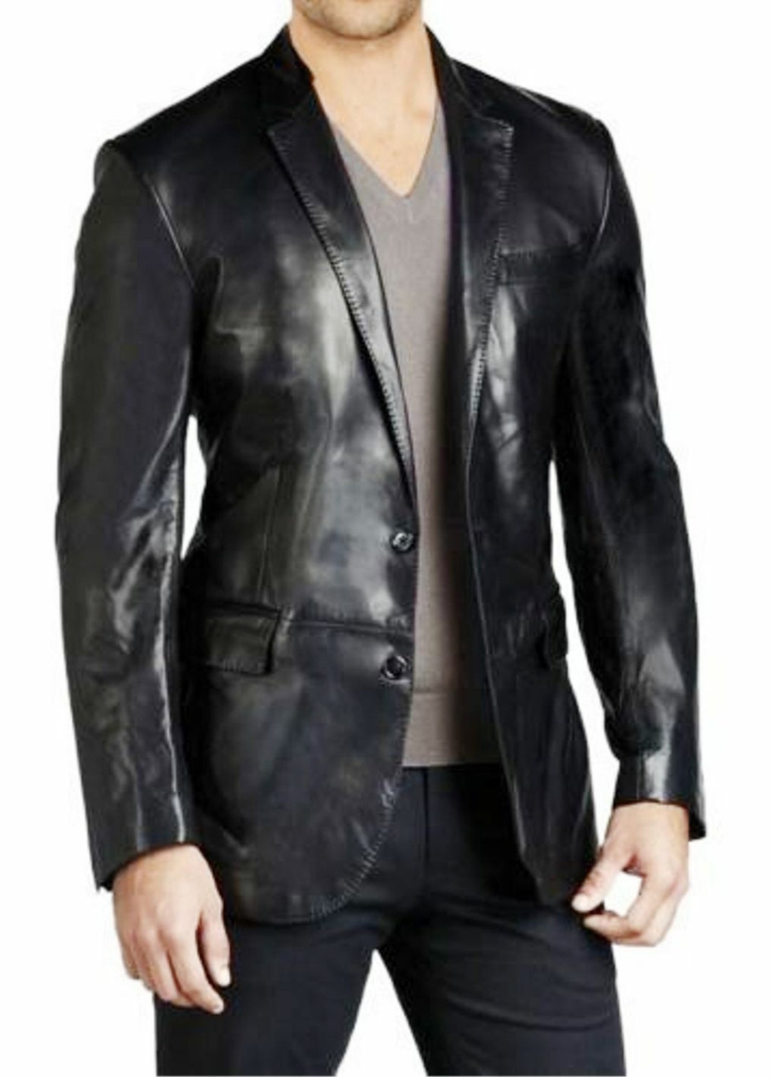 Men's Real Lambskin Leather Hand Made Blazer / Jacket Real Leather Coat Black Slim Fit Blazers ...