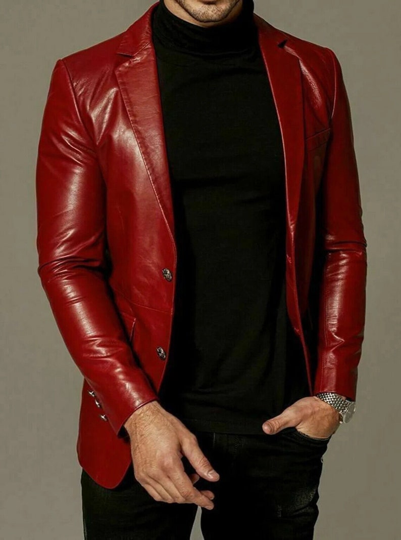 Men's Genuine Lambskin Leather Blazer Jacket Real Leather Coat Premium Quality Red Slim Fit Coat ...