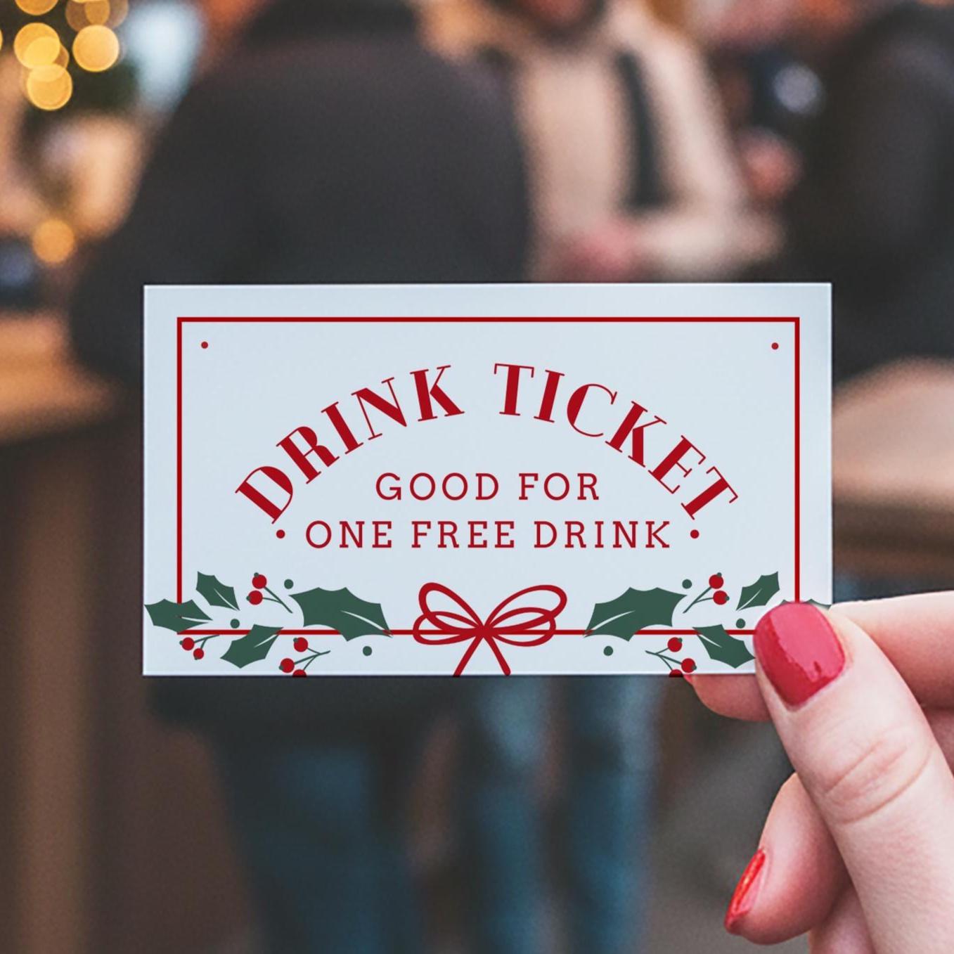 Holly Red Bow Drink Ticket: Holiday Coupon Printable, Cocktail Voucher ...
